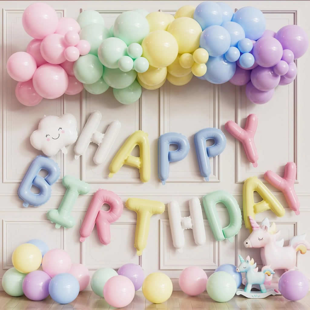 GLOBO FRASE "HAPPY BIRTHDAY" COLORES PASTEL - Cotillón Party Expres
